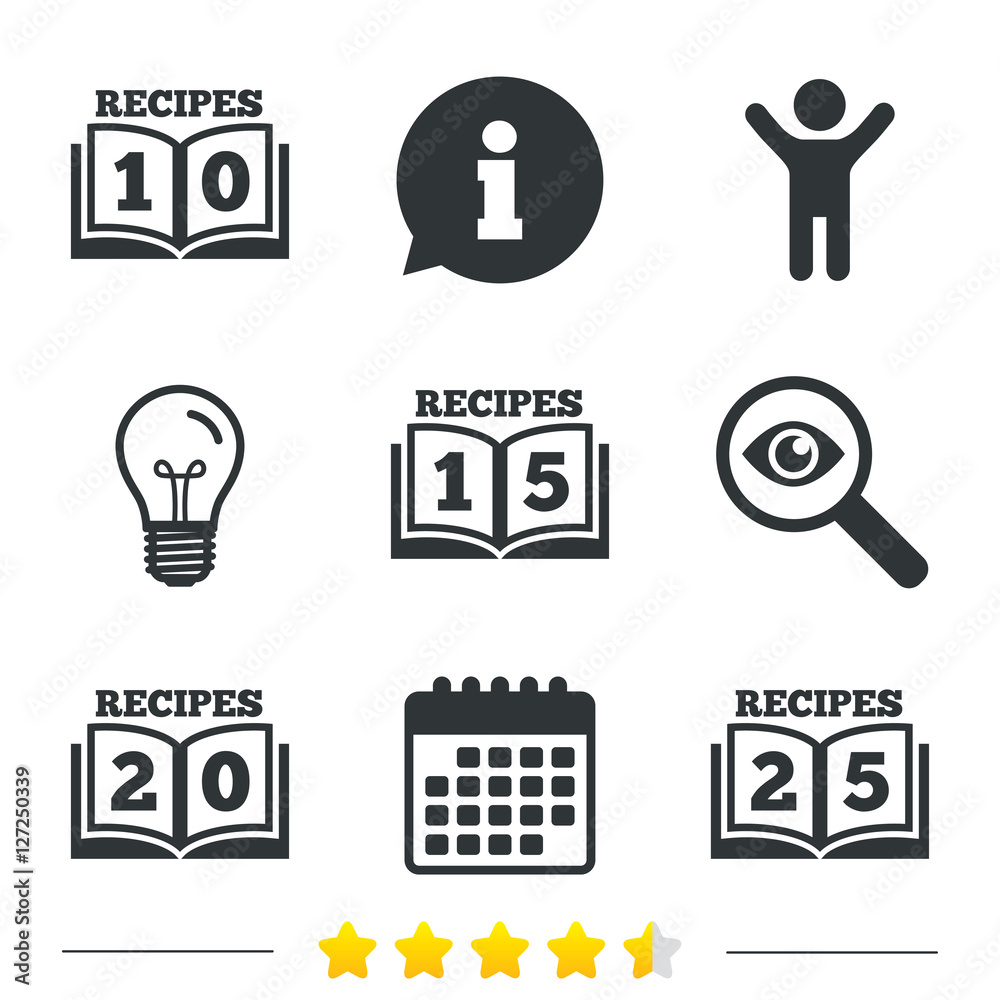 Cookbook icons. 10, 15, 20 and 25 recipes book sign symbols ...