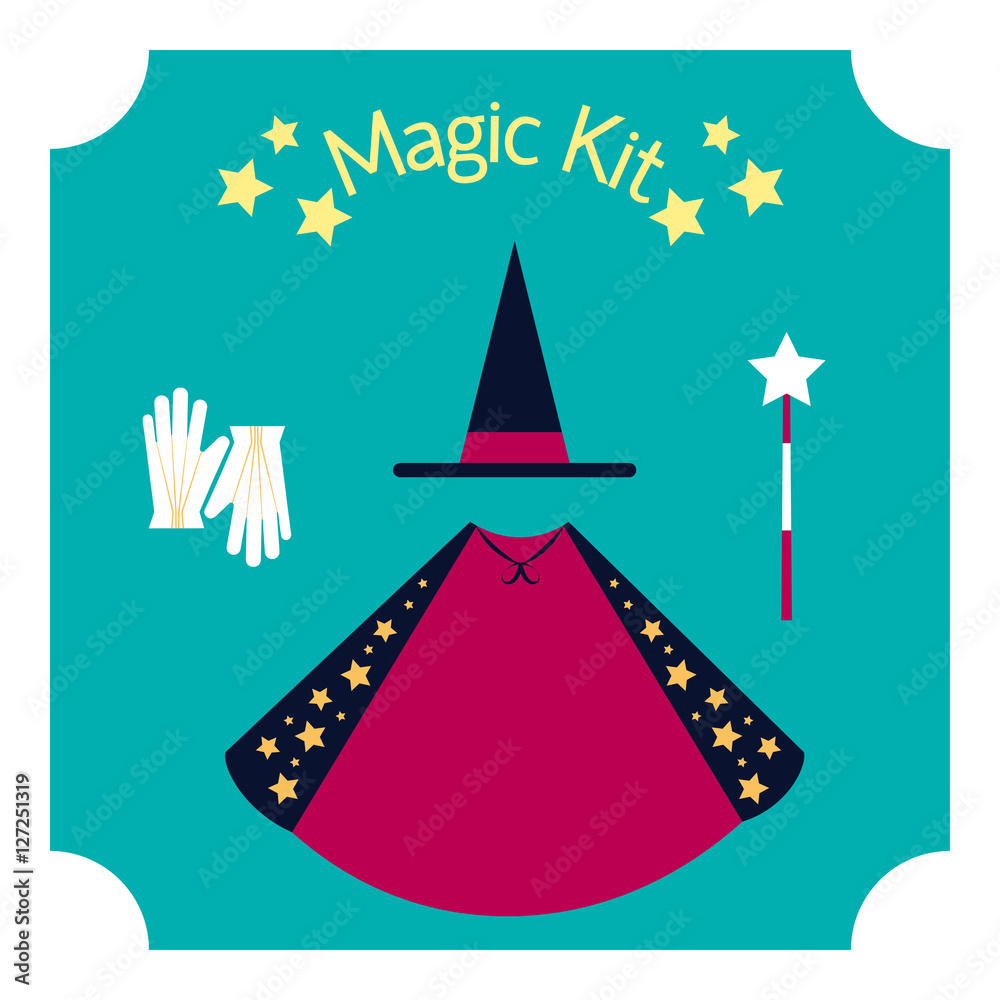 Set of magician Vector illustration Glove, hat, cape and magic wand ...