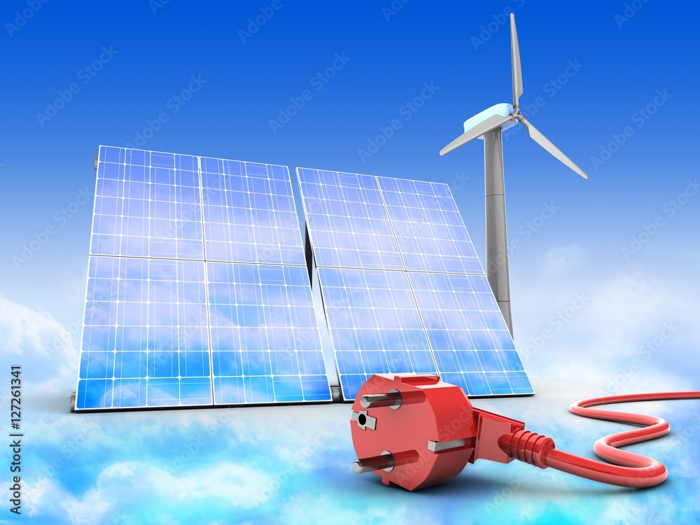 3d illustration of solar and wind energy over sky background with power ...