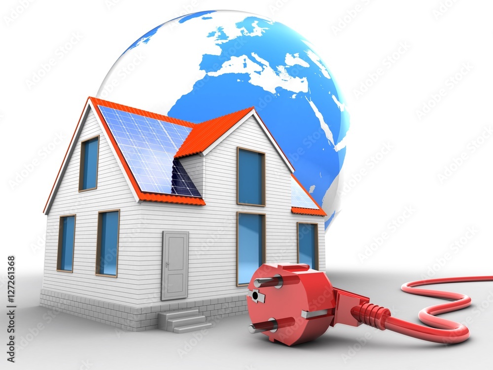3d illustration of modern house over white background with earth and ...