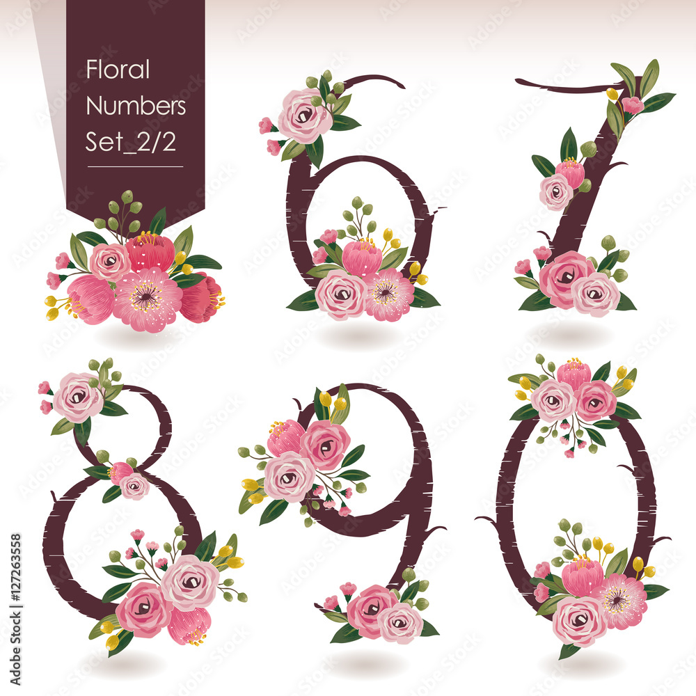 Vector illustration of floral numbers collection. A set of beautiful ...