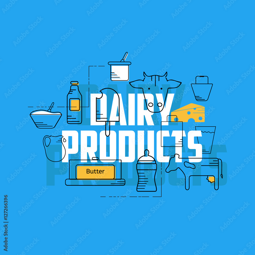 Dairy products line icons set. Dairy icons on blue background. Set of ...