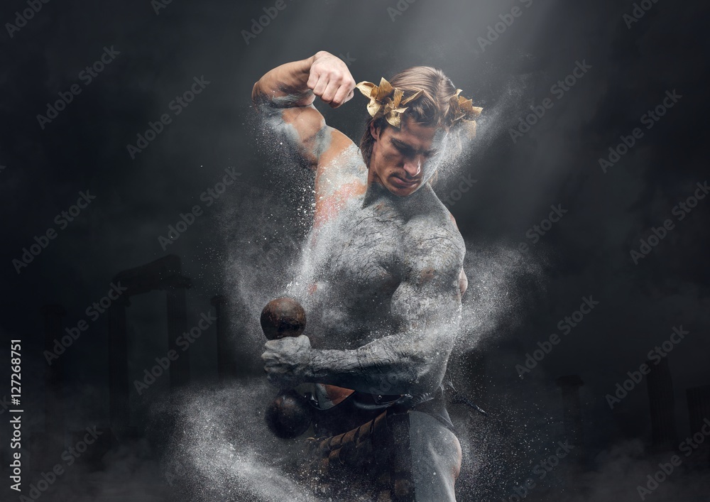 Ancient male athlete statue with dumbbell over old Rome ruins. Stock ...