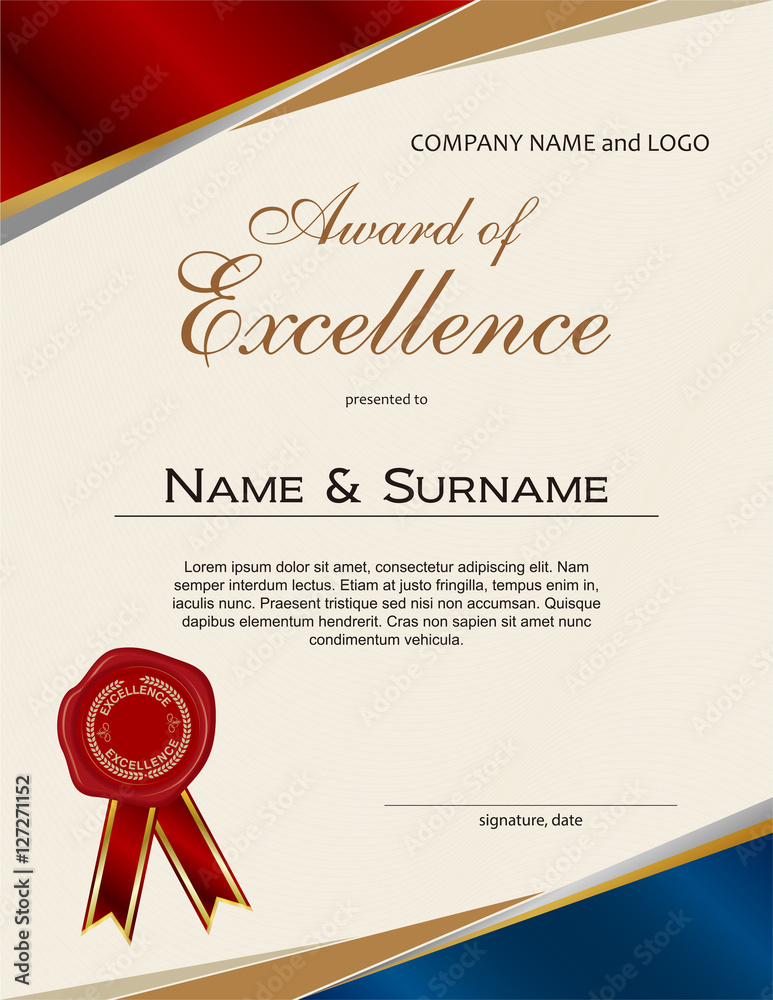Award of Excellence with wax seal and ribbon portrait version Stock ...