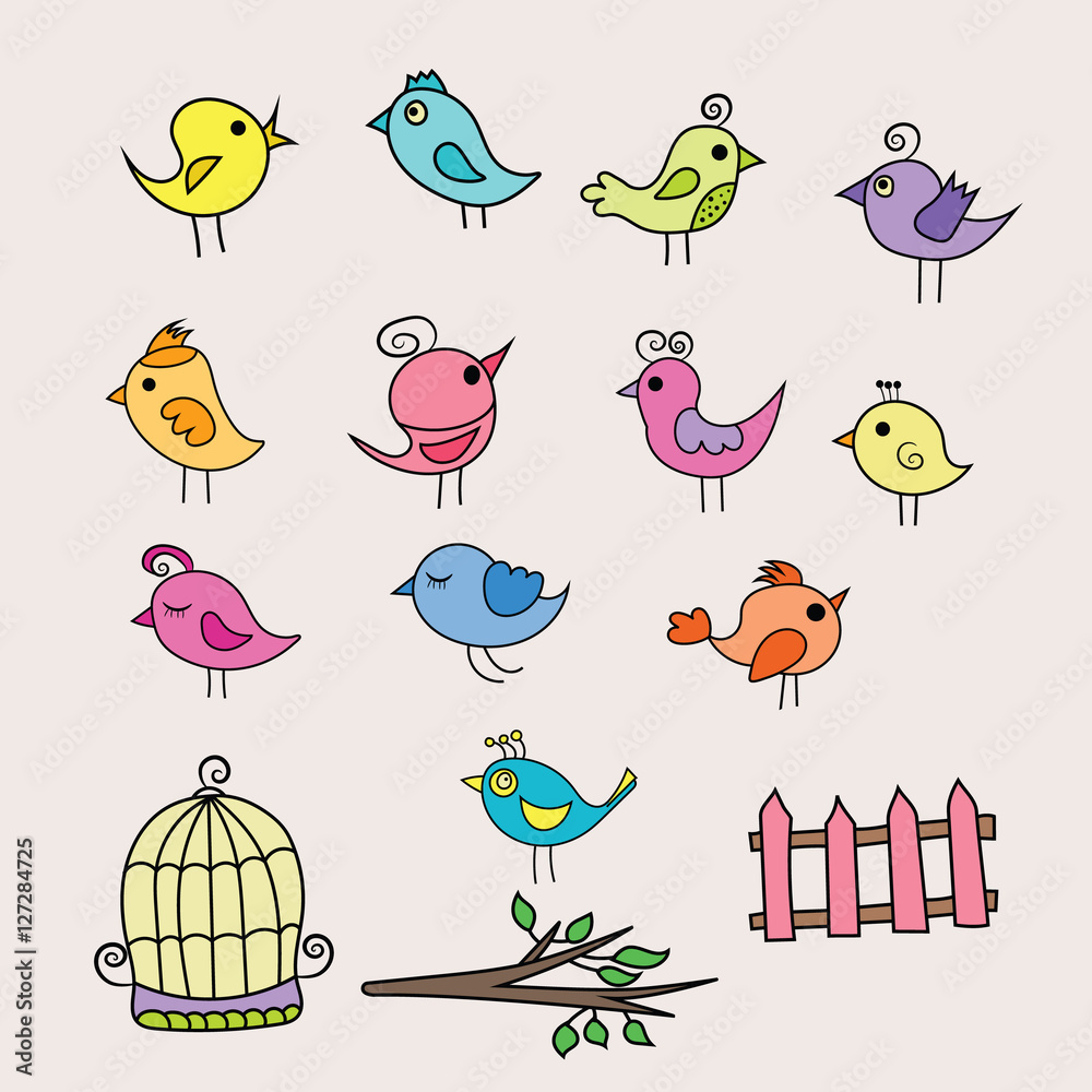 Birds design set. Cartoon free hand draw doodle vector illustration ...