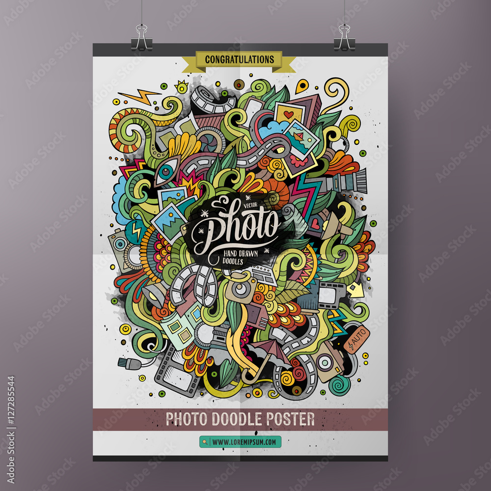 Cartoon colorful hand drawn doodles Photo poster template Stock Vector ...