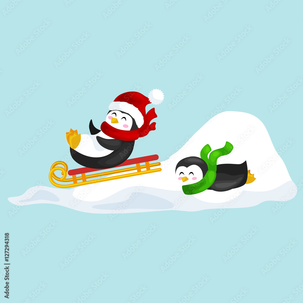 Penguin Sledding Clip Art
