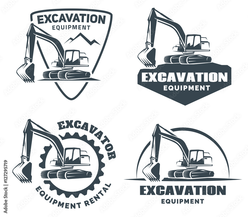 Set of excavator logos, emblems and badges isolated on white background ...