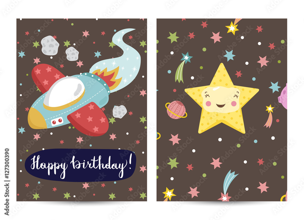 Happy birthday cartoon greeting card on space theme. Cute smiling star ...