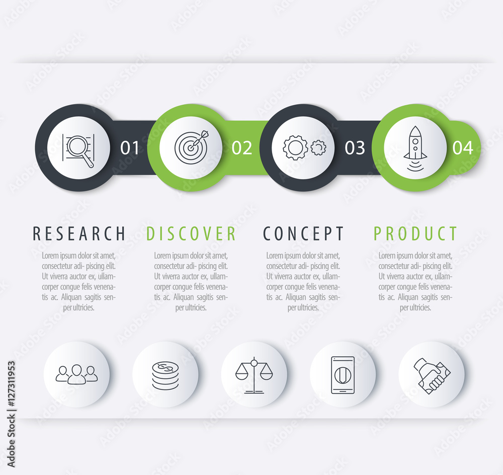 Product development timeline, infographic elements, step labels with ...