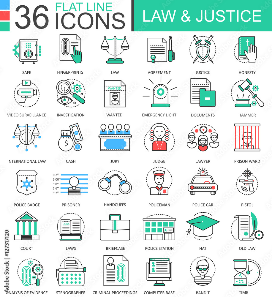 Vector Law and justice color flat line outline icons for apps and web ...