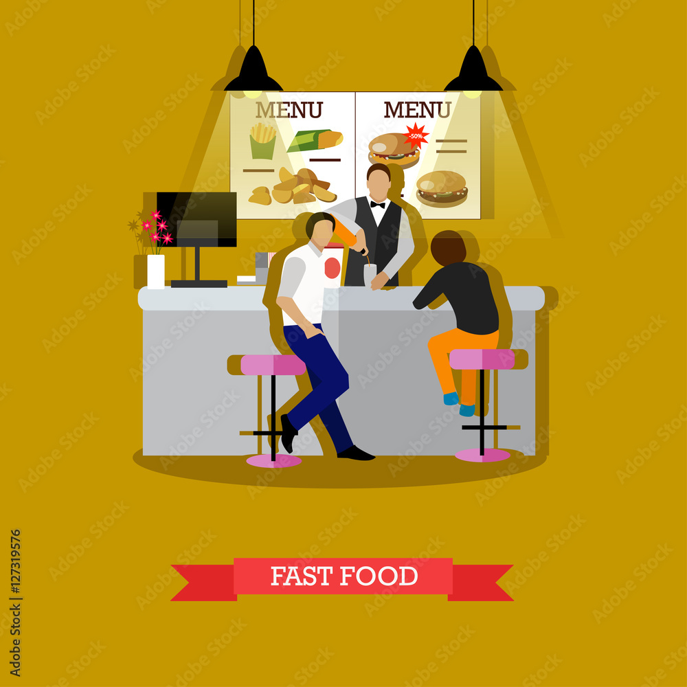 Vector illustration of man serving visitors in fast food restaurant ...