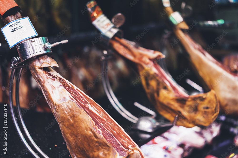 Spanish hamon in barcelona market, jamon iberico in view black leg pork ...