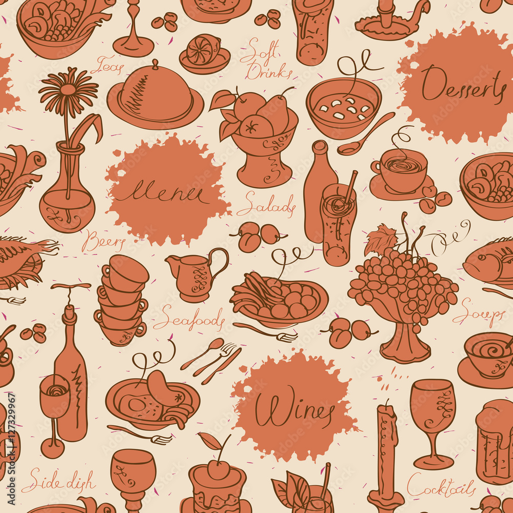 seamless texture of the pictures of kitchen utensils and various dishes ...