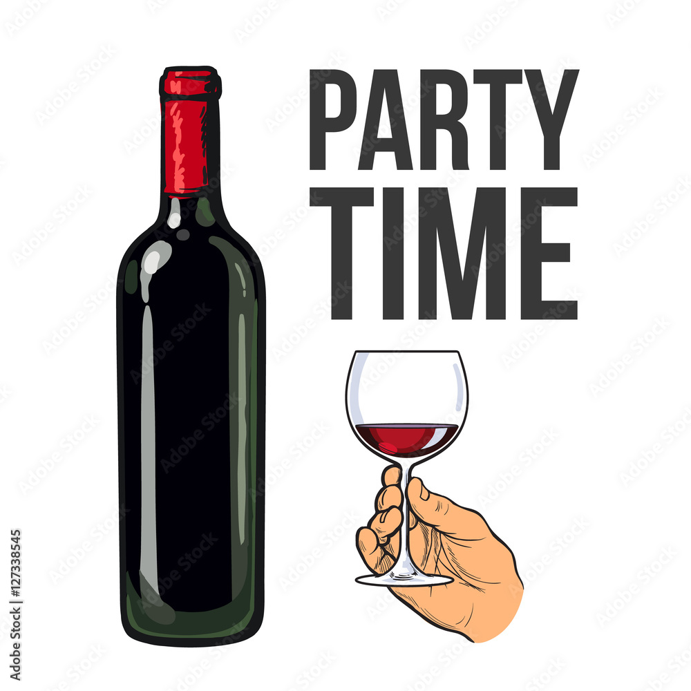 Red wine bottle and hand holding glass, sketch style vector ...