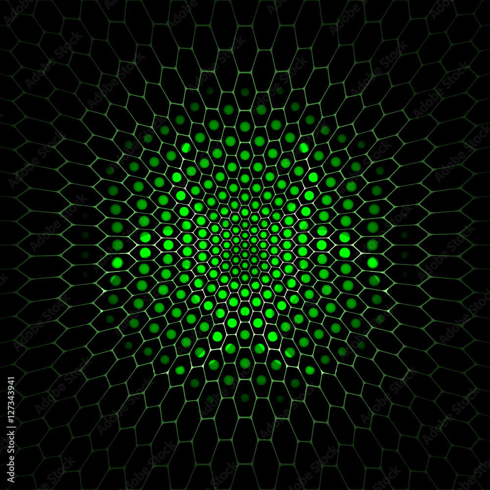 Vector dark green hexagon background with glow biohazard symbol ...