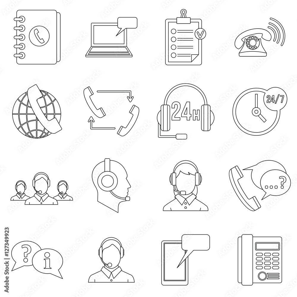 Call center symbols icons set. Outline illustration of 16 call center ...
