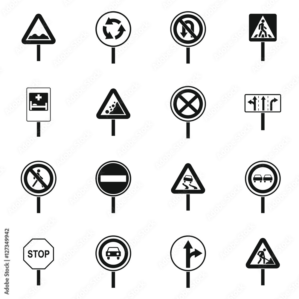 Different road signs icons set. Simple illustration of 16 different ...
