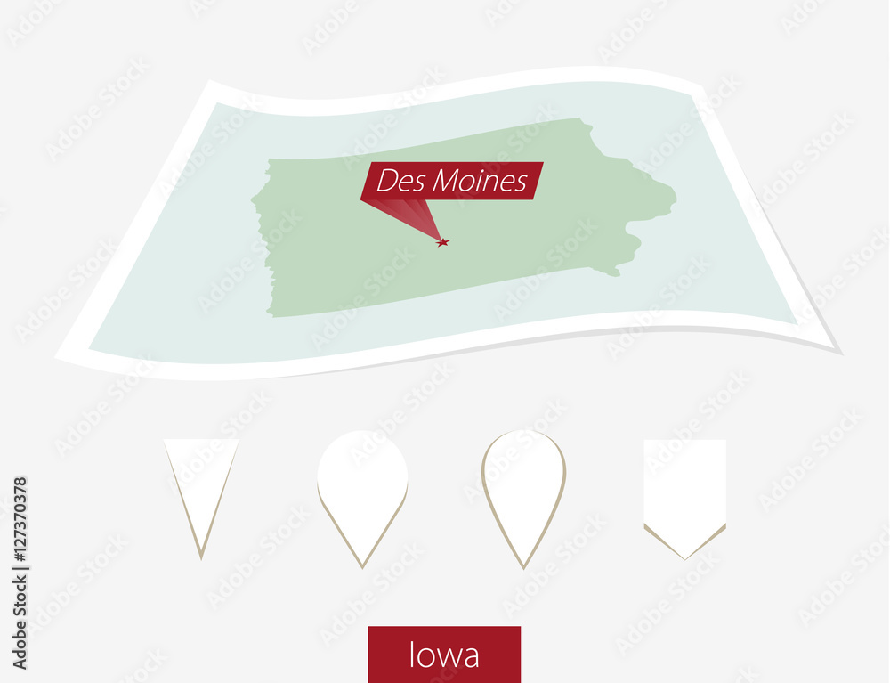 Curved paper map of Iowa state with capital Des Moines on Gray ...