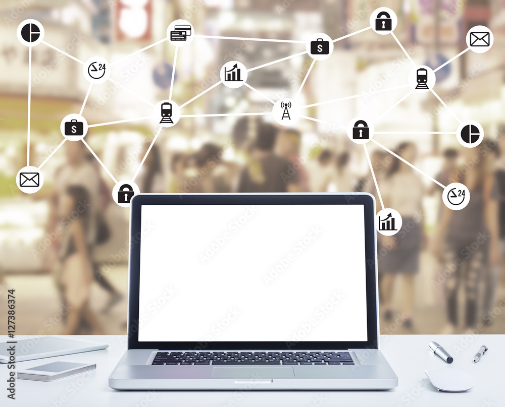 Blank screen laptop computer with digital information infographics ...