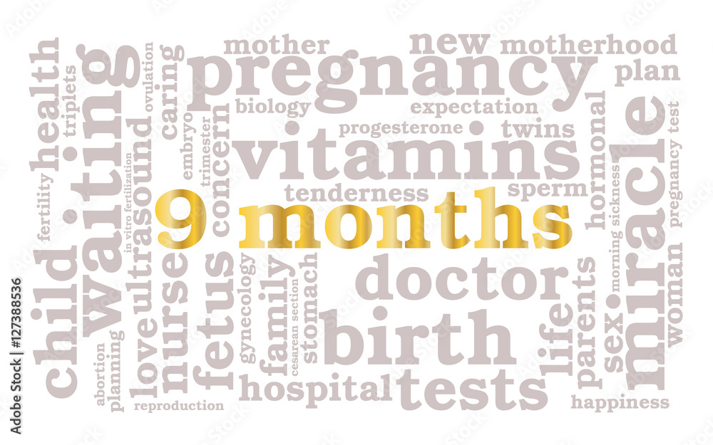9 months. Word cloud, golden font, white background. The miracle of ...