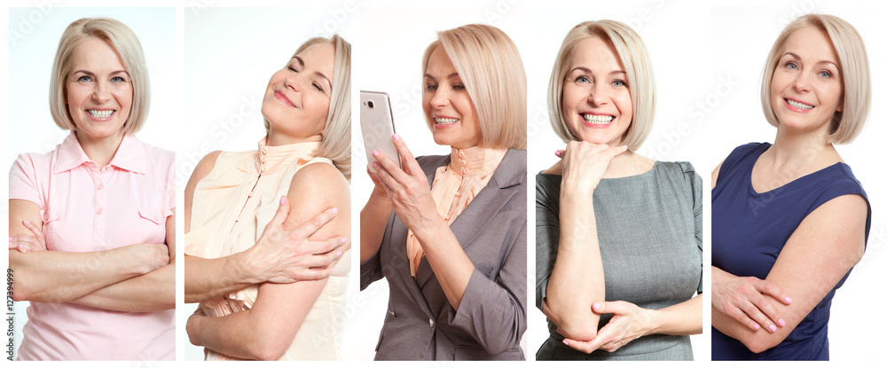 Set Woman in different situations collage. Beautiful middle-aged ...