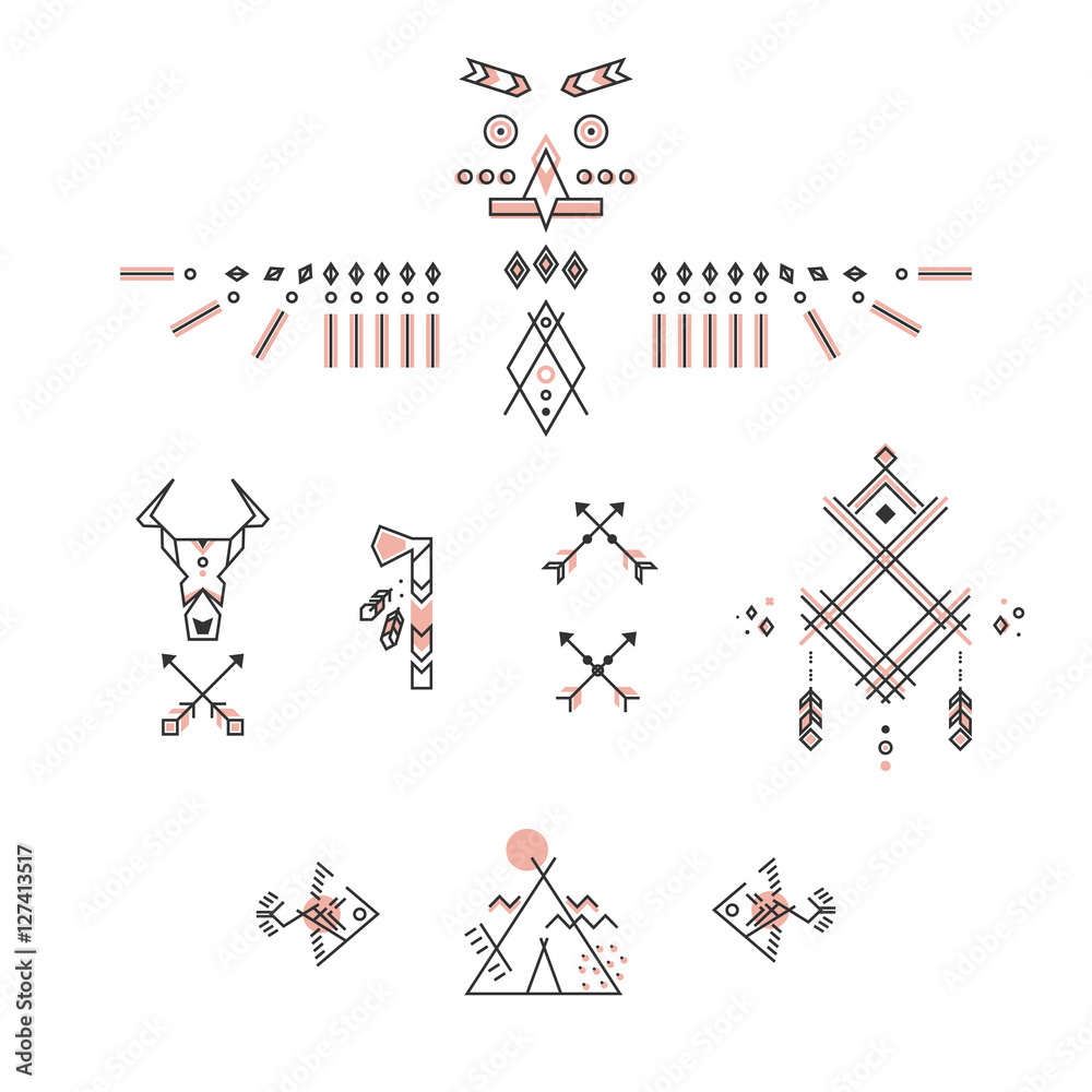 Set Of American Indian Symbols Stylized Linear Design Vector Totem set-of-american-indian-symbols-stylized-linear-design-vector-totem