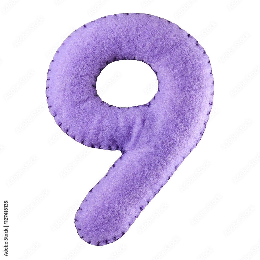Number 9. Hand made number Nine from bright purple felt. Set of numbers ...