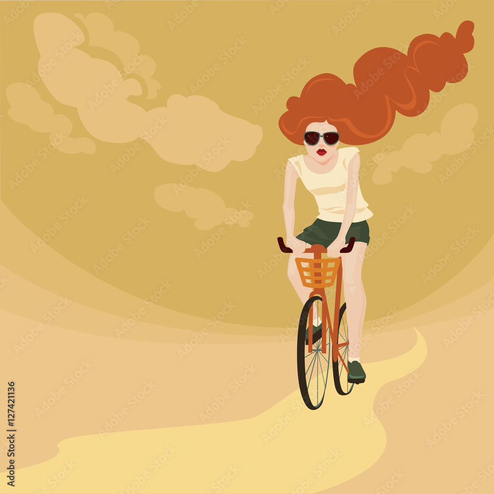 cartoon style vector illustration of a girl riding a bike Stock Vector ...