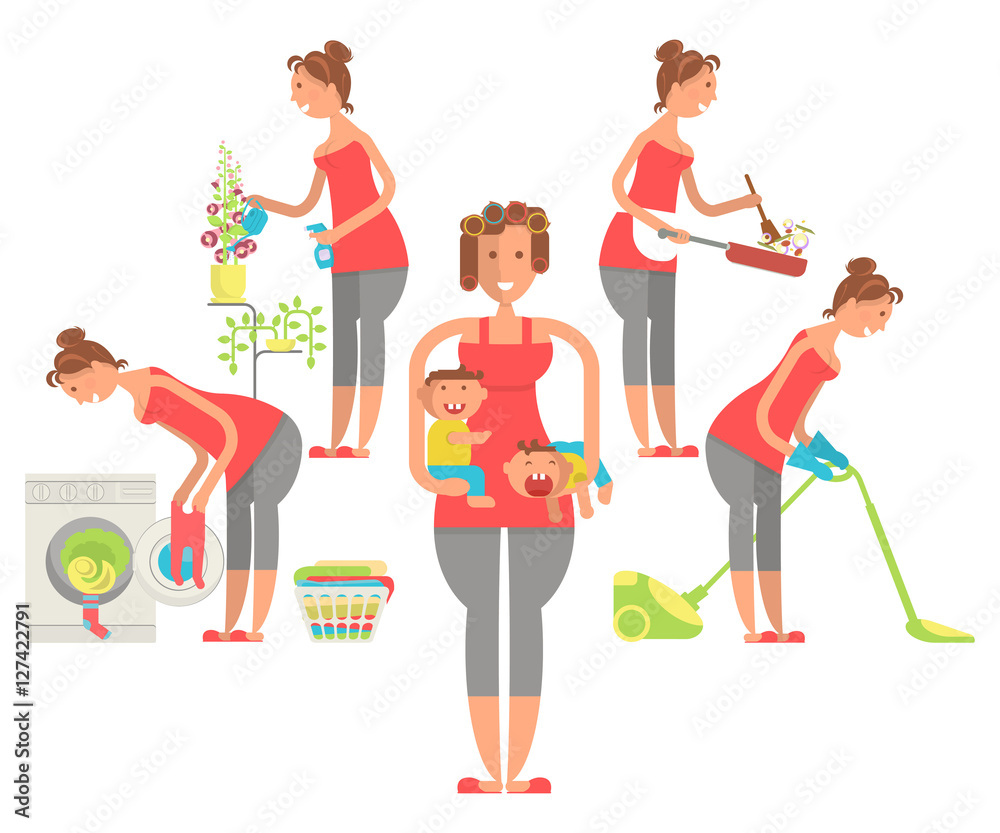 Set of housewife in funny cartoon style for infographic. Homemaker is ...