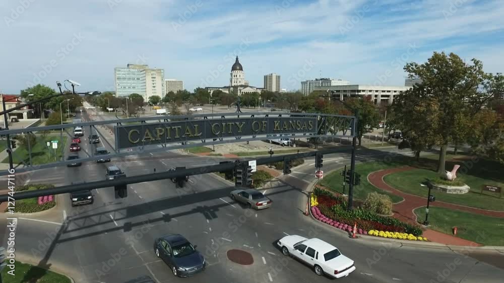 Aerial Capital City of Topeka sign in downtown Topeka, capital of ...