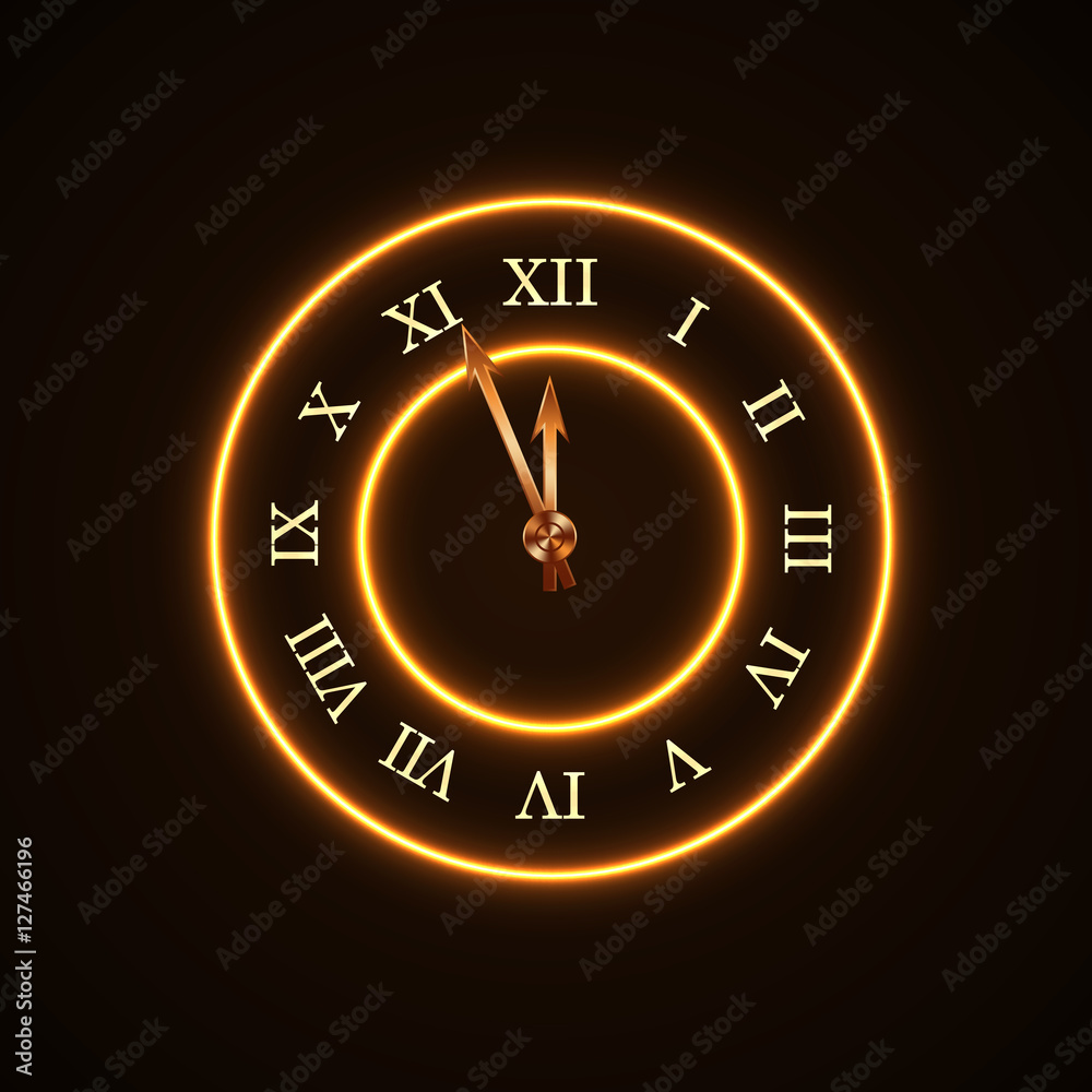 Gold Christmas magic clock background. Golden circle shiny design with ...