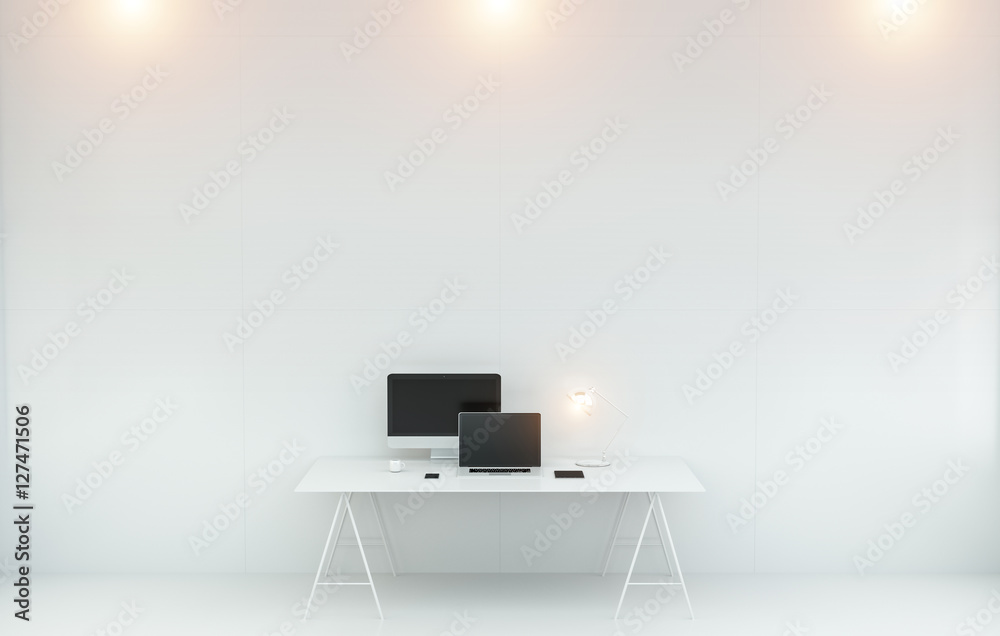 Modern white desk office interior with computer and devices 3D r Stock ...