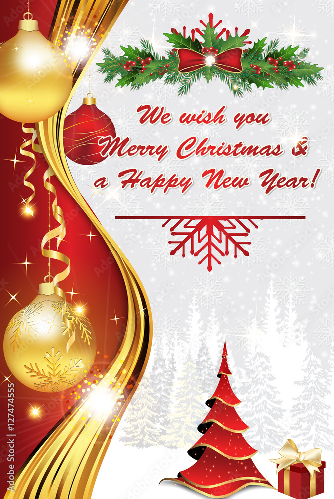 Winter holiday greeting card for print: We wish you Merry Christmas and ...