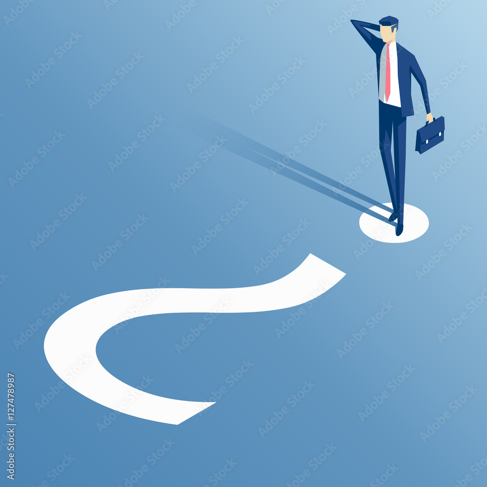 thinking businessman standing on white question mark, confused the ...