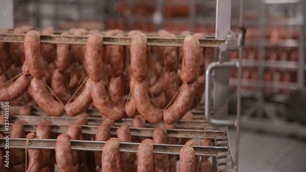 Sausages in the factory freezer storage. Ready, made meet ptoducts at a ...