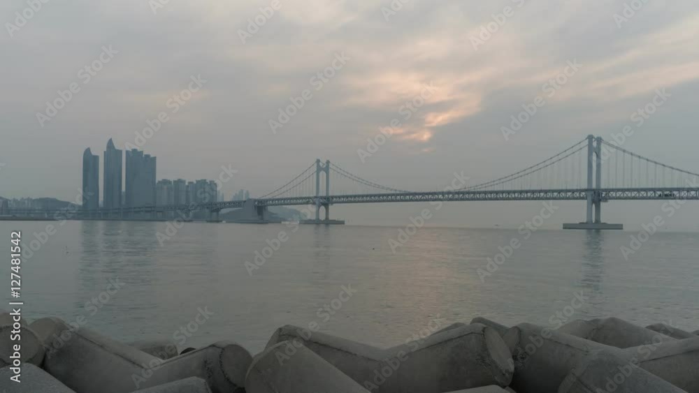 Busan city skyline Gwangan bridge sunrise timelapse, Busan, South Korea ...