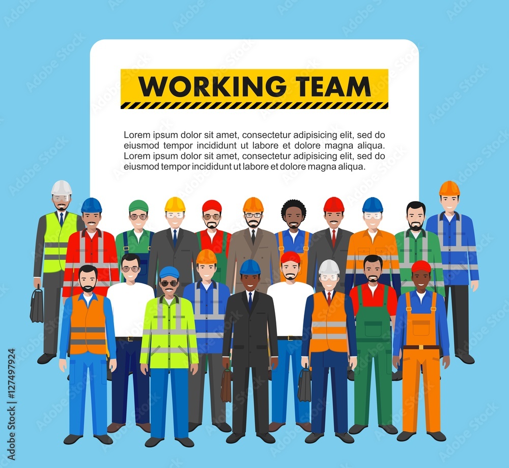 Group of worker, builder and engineer standing together on blue ...