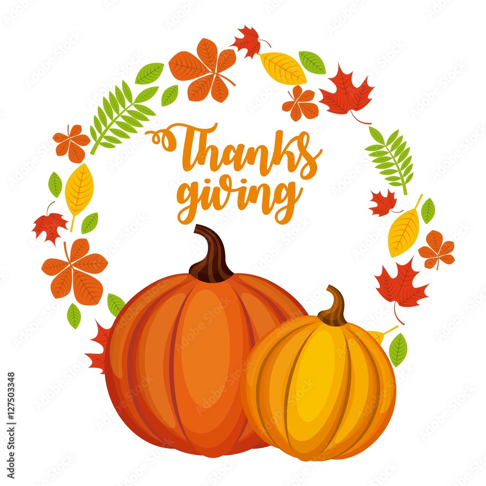 happy thanksgiving card with pumpkin and wreath of flowers and leaves ...