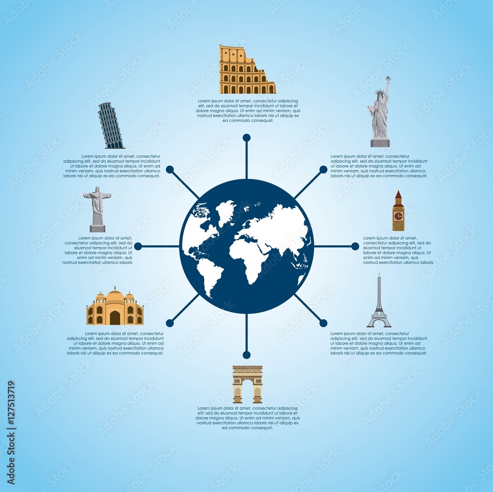 infographic presentaiton of iconic monuments of the world over blue ...