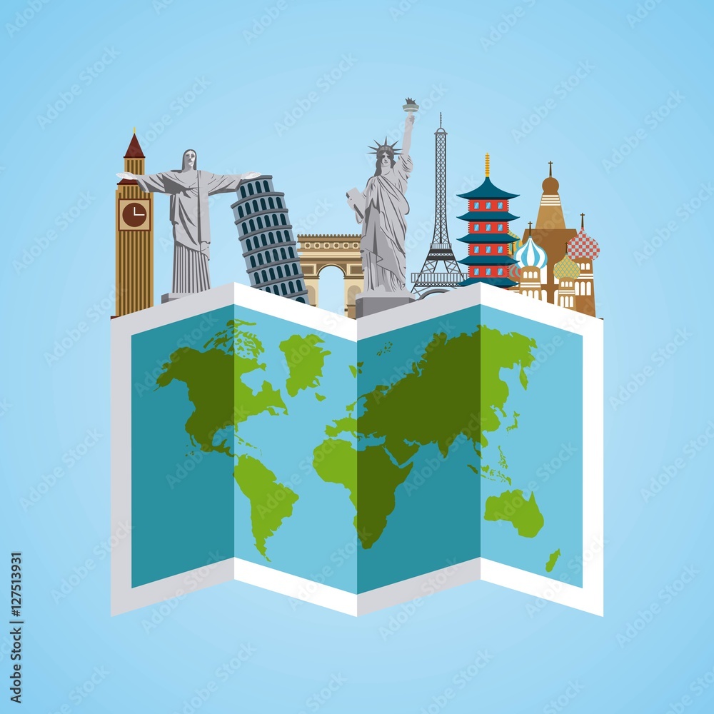 iconic monuments of the world and map over blue background. colorful ...
