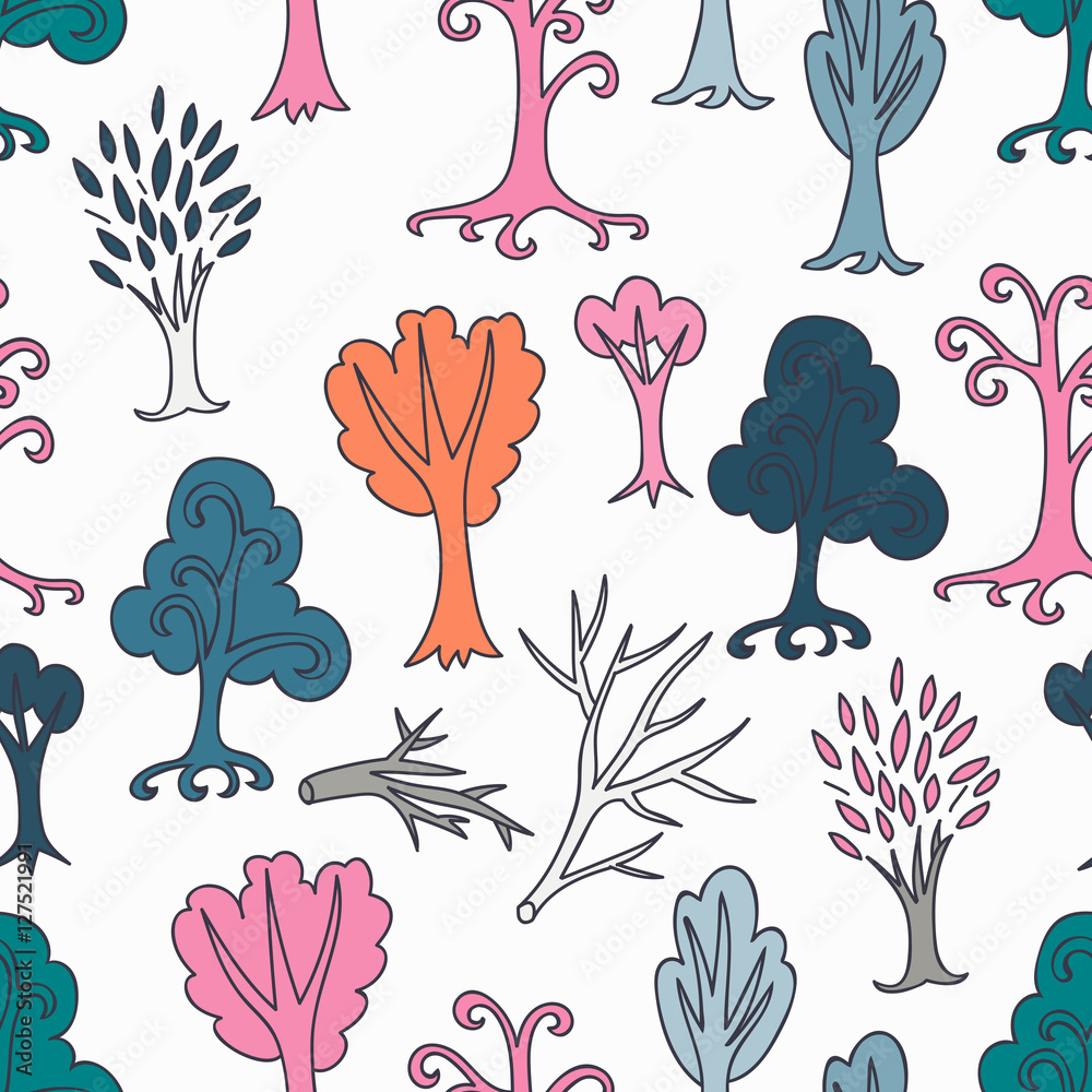 Colorful doodle seamless pattern of different trees and branches. Hand ...