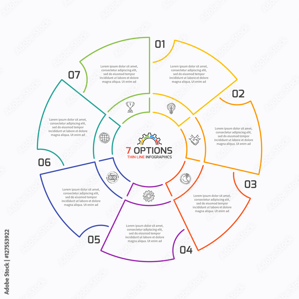 Thin line pie chart infographic template with 7 options. Stock Vector ...