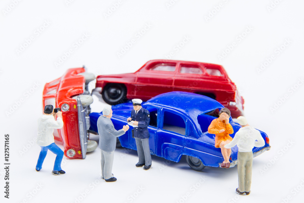 Miniature tiny toys car crash accident damaged.Accident on the r Stock ...