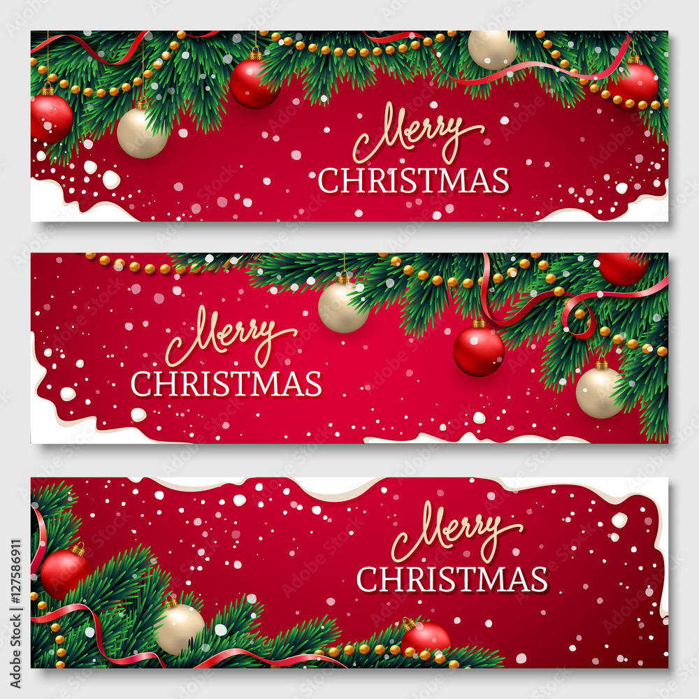 Christmas banners set with fir branches decorated with ribbons, red and ...