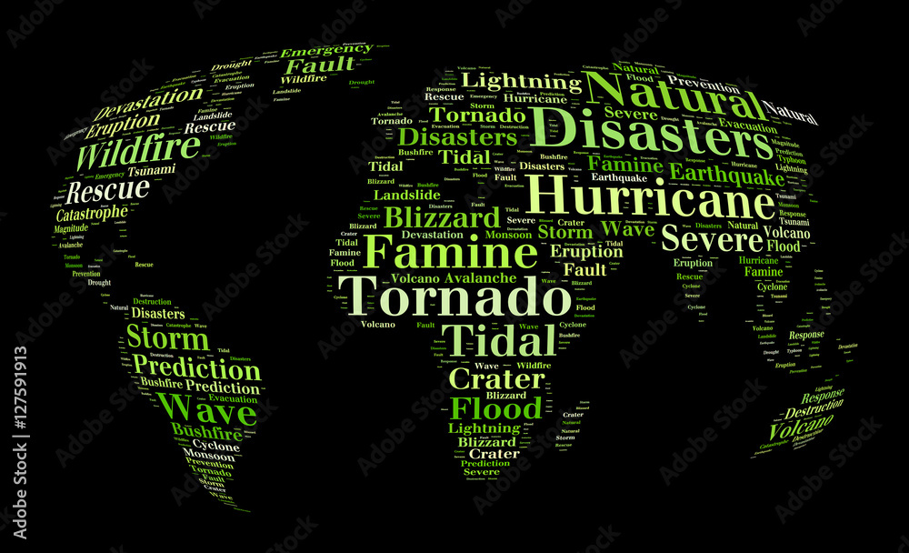 Natural disasters word cloud in the shape of the Earth, background ...