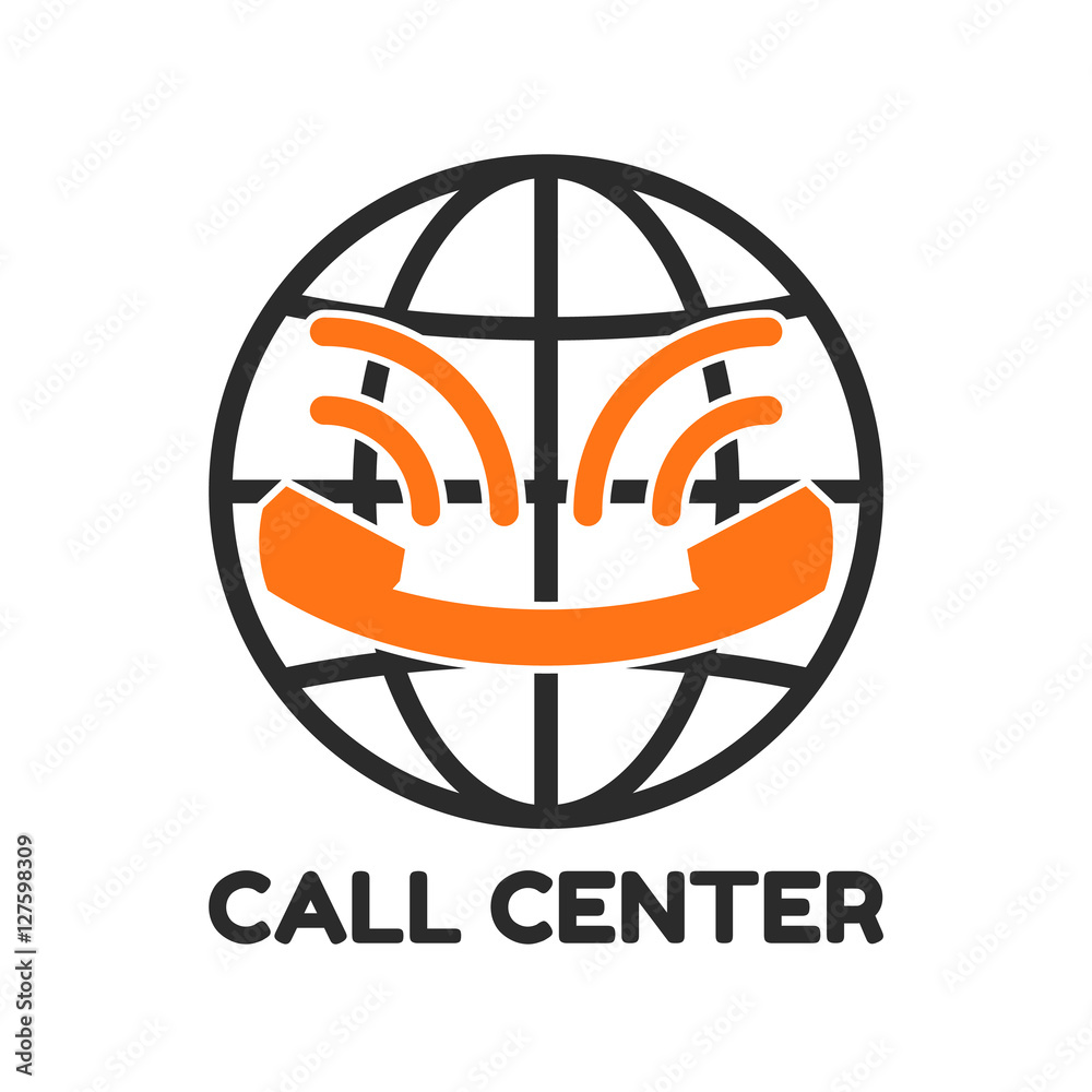 Orange old phone handset with sound waves, the inscription Call Center ...