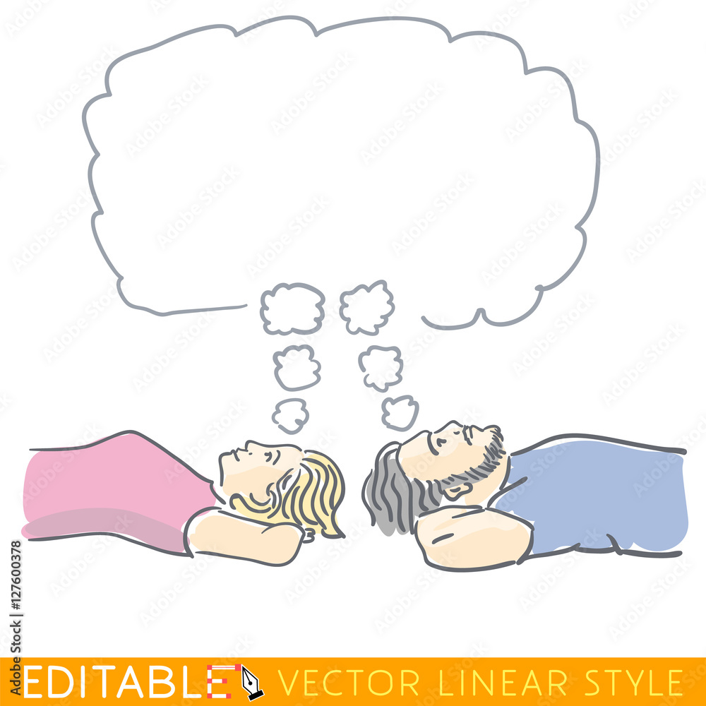 Young happy couple dreaming together. Editable outline sketch. Stock ...