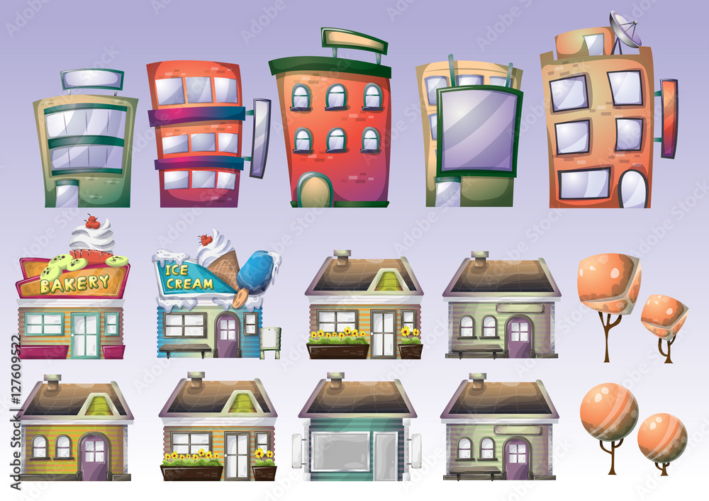 cartoon vector building objects with separated layers for game art and ...