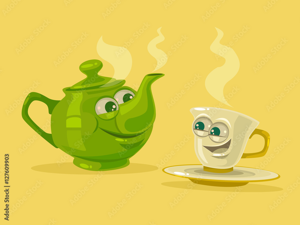 Cup of tea and tea pot characters. Best friends. Vector flat cartoon ...